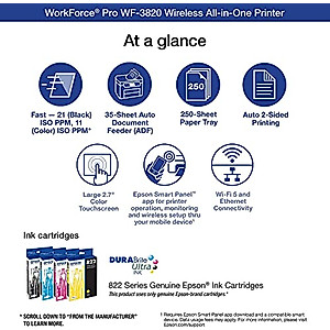 Epson Workforce Pro WF-3820 Wireless All-in-One Color Inkjet Printer, Black - Print Scan Copy Fax - 4800 x 2400 dpi, 21 ppm, 8.5 x 14, 35-Sheet ADF, Auto 2-Sided Printing, WiFi Direct, USB, Ethernet