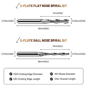 40pcs End Mills CNC Router Bits, 1/8 inch(3.175mm) Shank CNC Milling Carving Bit Set Including 2-Flute Flat & Ball Nose Spiral Bits, Nano Blue Coat & Titanium Coat End Mill, Suitable for ER 11 Collet