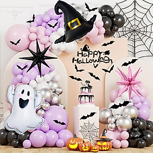 Pink Halloween Balloon Garland Arch Kit, JOGAMS 176Pcs Pink Purple Halloween Decor with Ghost Spooky Starburst Foil Balloons Bat Stickers for Birthday Baby Shower Halloween Party Decorations for Girls