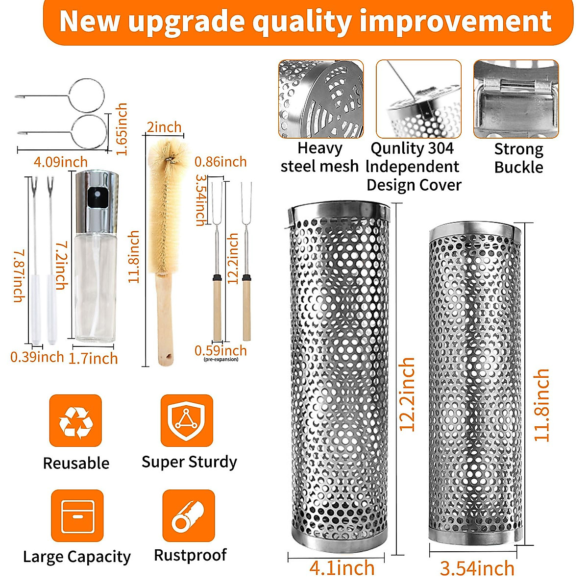 Vilopin Rolling Grilling Baskets for Outdoor Grill BBQ,Net Tube,Stainless Steel Large Round Mesh Rotation Barbecue Cylinder Cage Cooking Accessories for Veggies Fish Meat Food Camping Family Picnic