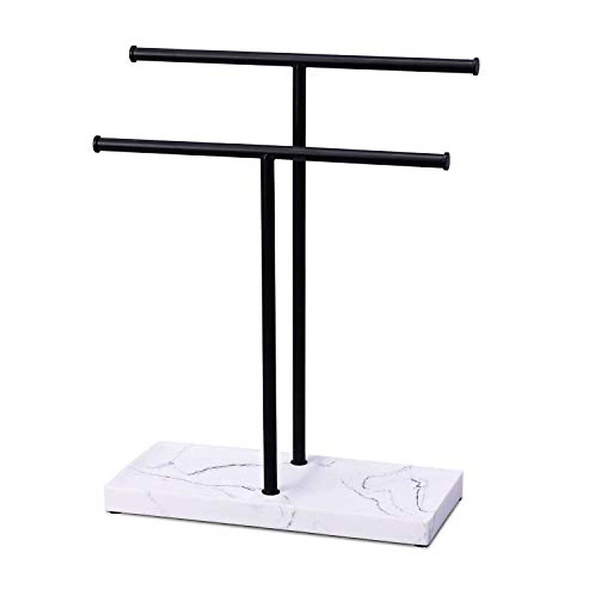 LKKL Hand Towel Holder - Double T Hand Towel Holder for Bathroom - Countertop Towel Stand Free Standing Towel Rack Bathroom Towel Hanging Rack with Resin Tray Base(Black/White)