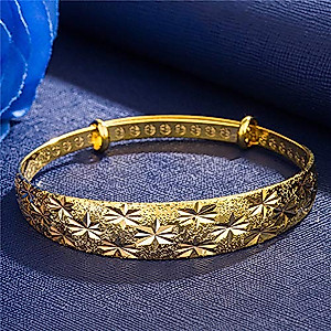 L & J 18K Yellow Gold Diamond Cut Classical Adjustable Bangle Bracelet for Women