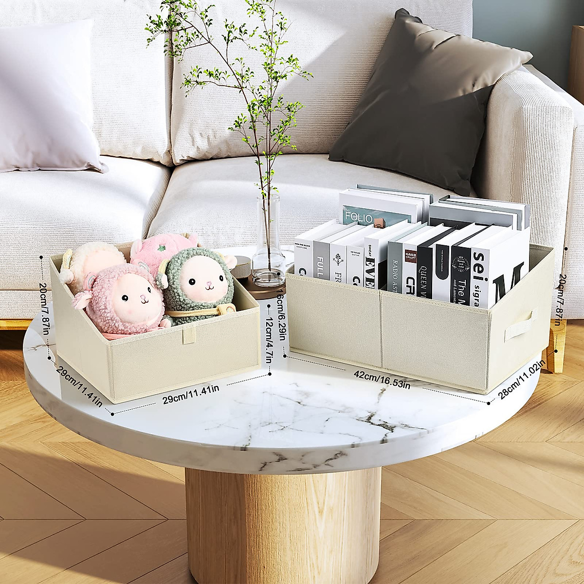 DIMJ Clothing Organizer Storage Boxes - 6 Packs Fabric Traprzoid Storage Bakskets, Fabric Bins for Closet with Front Handle, Closet Cubes Organizer for Parents Renters Students RV Owners (Beige)