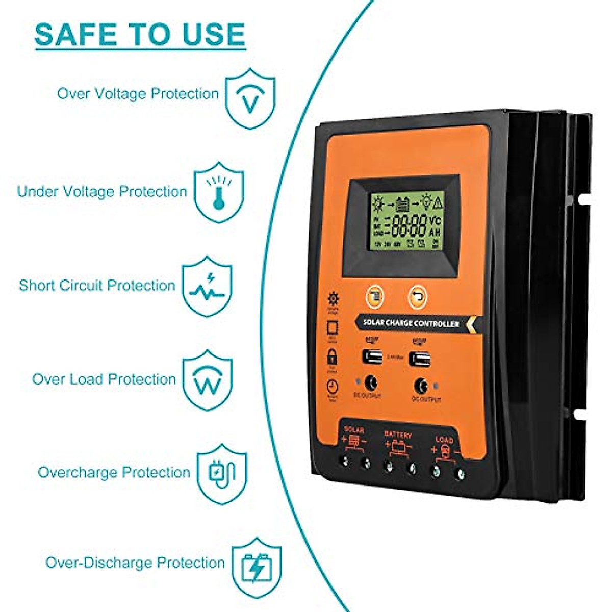 MPPT Solar Charge Controller, 12V/24V 30A/50A/70A Solar Panel Battery Regulator Charge Controller Dual USB LCD Display Solar Power Battery Controller