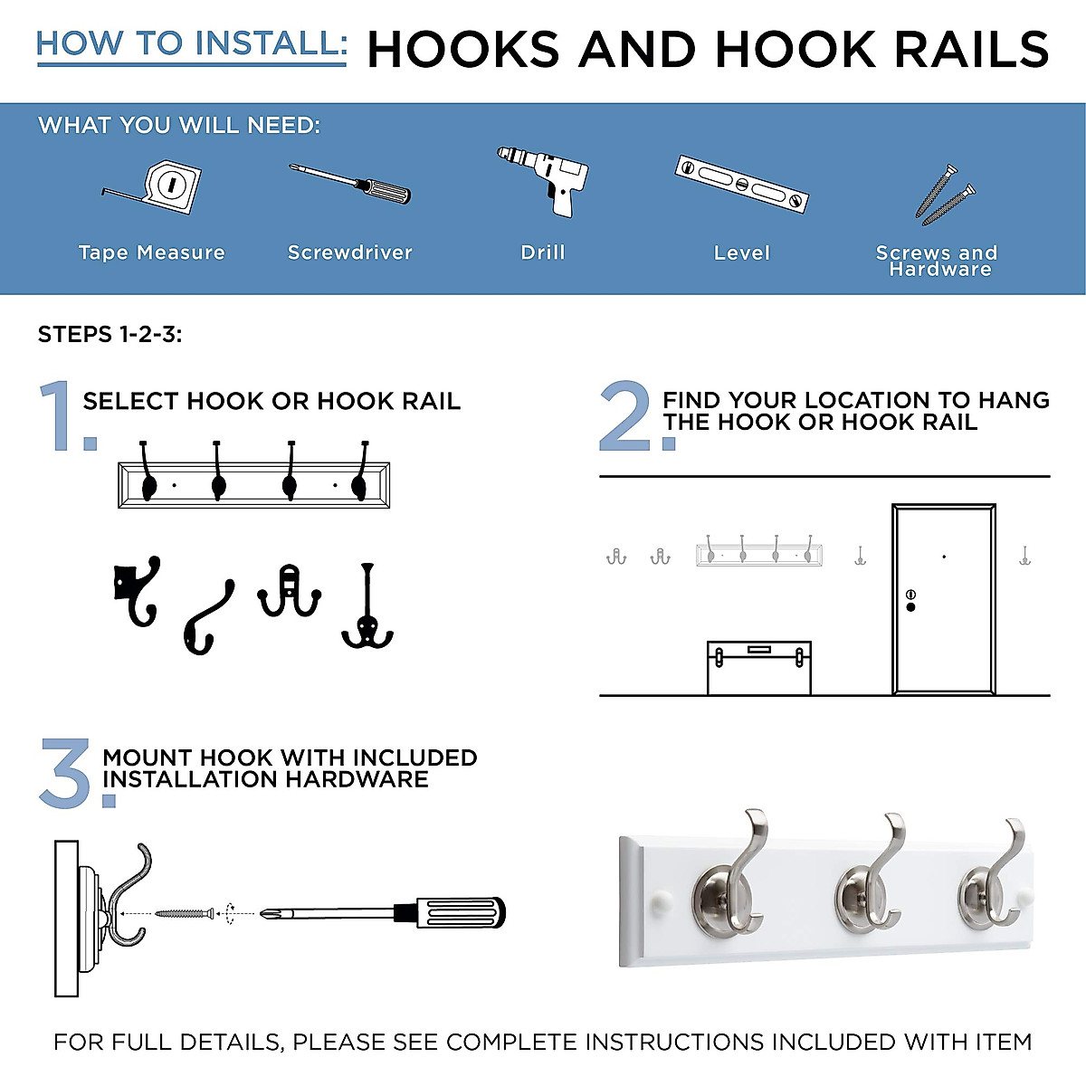 Brainerd R46139J-W-L Three Hook 18-inch Wide Kendra Coat and Hat Rail/Rack , White