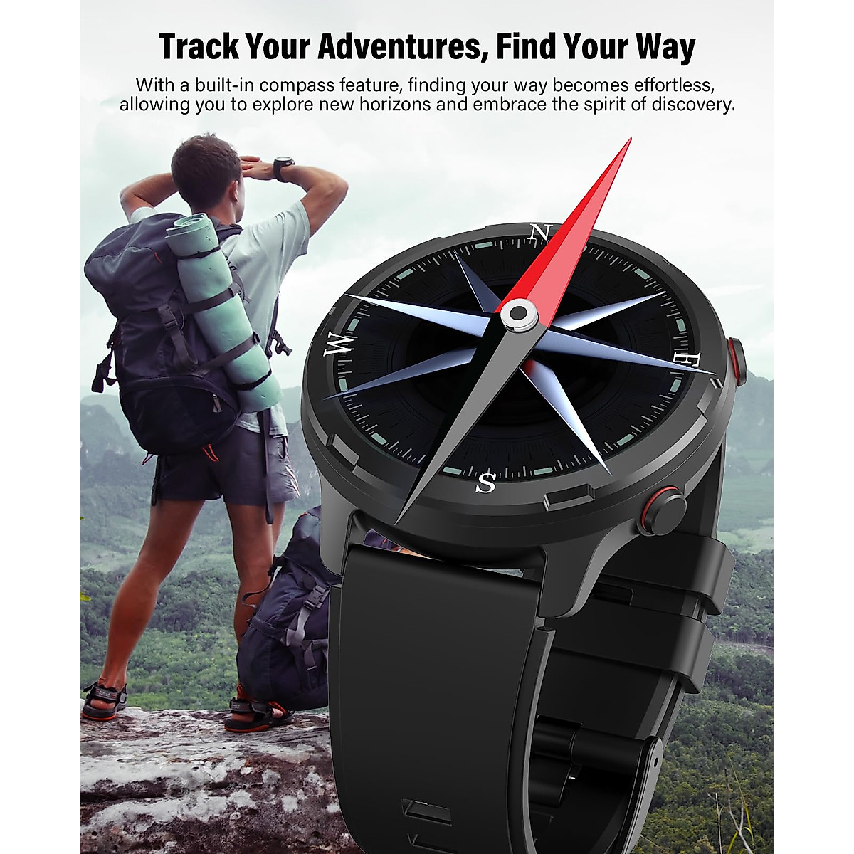 GPS Smart Watch for Men Women, Rugged Outdoor Watch with GPS and Compass, Fitness Tracker with Heart Rate Blood Oxygen Sleep Monitor, IP68 Waterproof, 1.32" Touch Screen, Compatible Android iOS iPhone