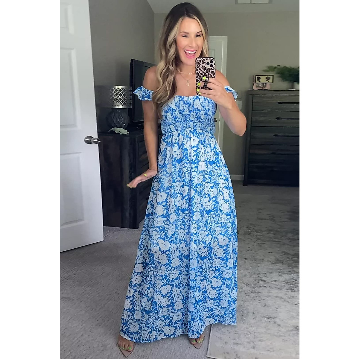 MERMAID'S CLOSET Womens Straps Blue Floral Print Smocked Maxi Dress Boho Casual Chiffon Flowy Beach Long Dresses