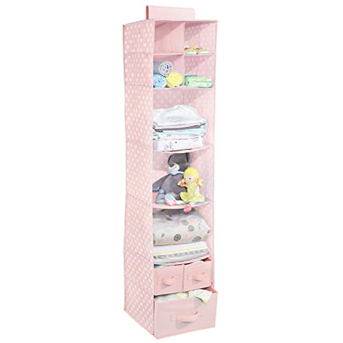 mDesign Fabric Hanging Organizer - Over Closet Rod Storage with 7 Shelves and 3 Removable Drawers for Baby Nursery Bedroom Organization - Hold Clothes, Linens, Toys, Accessories - Pink/White Polka Dot