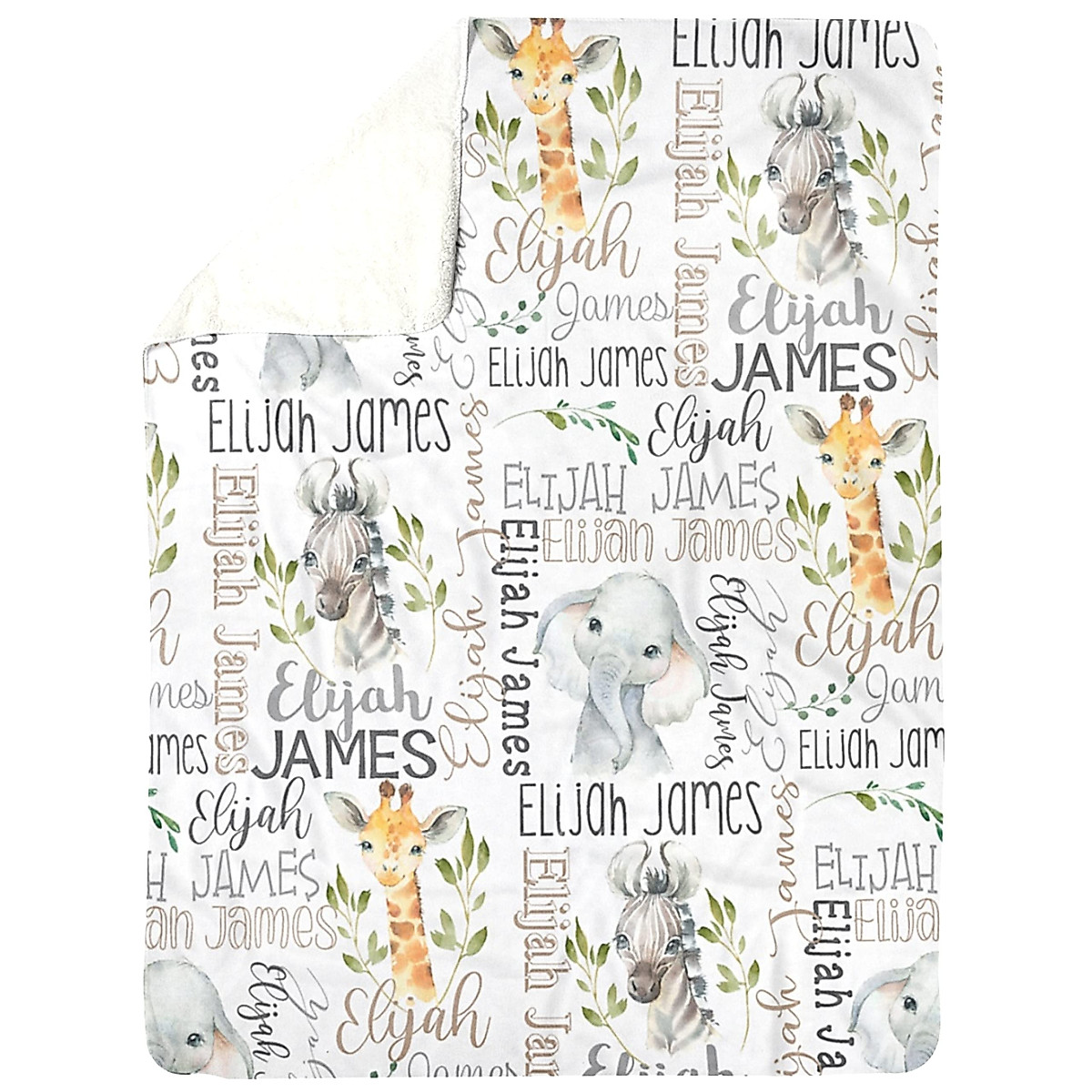 Personalized Baby Boy Blanket, Custom Name Boy Blanket, Safari Animal Print Blanket, Baby Name Repeat Blanket, Elephant Giraffe Ze King