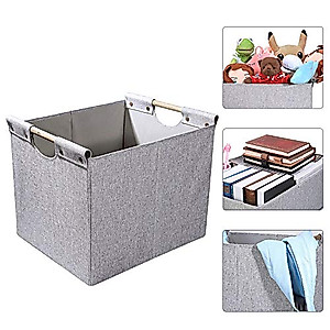 HOONEX Large Foldable Storage Bins, Linen Fabric, 2 Pack, with Wooden Carry Handles and Sturdy Heavy Cardboard, for Home, Office, Car, Nursery, Light Grey