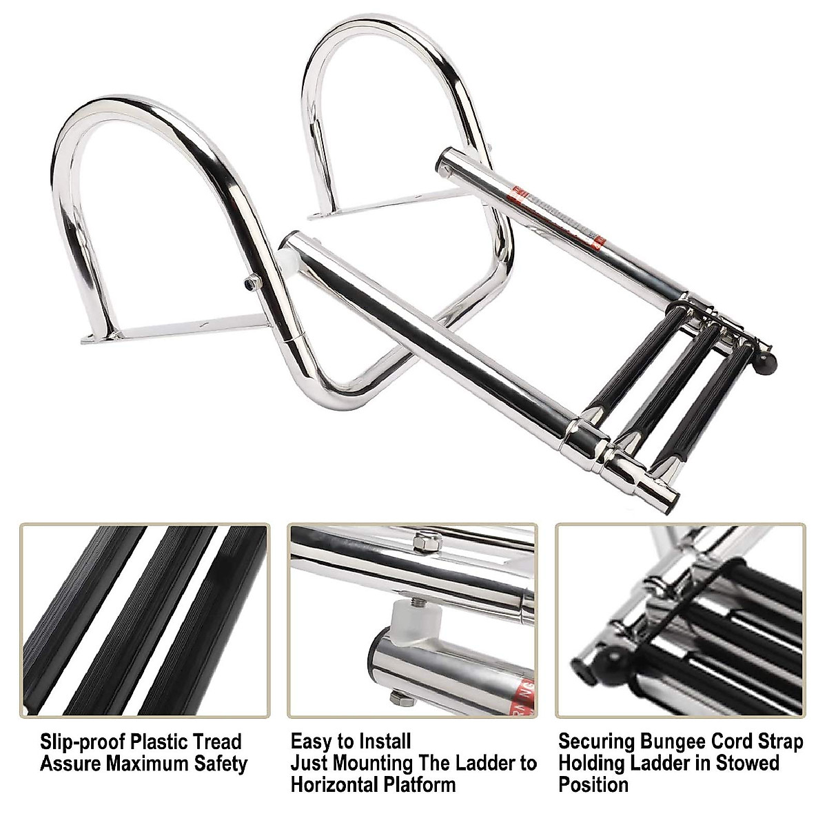 NovelBee 3 Step Inboard Boat Ladder,Stainless Steel Telescoping Step Ladder Folding Dock Ladder for Marine Boat Yacht Swimming Pool