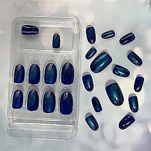 Aurora Press on Nails Almond, LPOODDNU Medium Press on Nails Aurora Cat Eye Glue on Nails for Women, Full Cover Stick on Nails - 24 Pcs Medium Oval False Nails Set