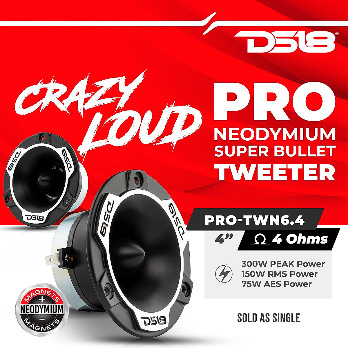 DS18 PRO-TWN6.4 PRO 4" Super Bullet Tweeter High Compression Neodymium 1.25" Voice Coil 4 Ohms - High Sensitivity of 109 dB - The Best Tweeters in The Pro Audio and Voceteo Market (1 Speaker)