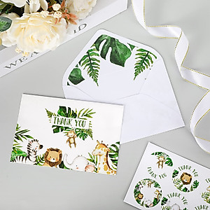 AnyDesign 32 Safari Jungle Thank You Cards with Envelopes Stickers Forest Wild Animals Greenery Greeting Note Cards Gratitude Card Pack for Kids Baby Girls Boy Birthday Baby Shower Party Supplies