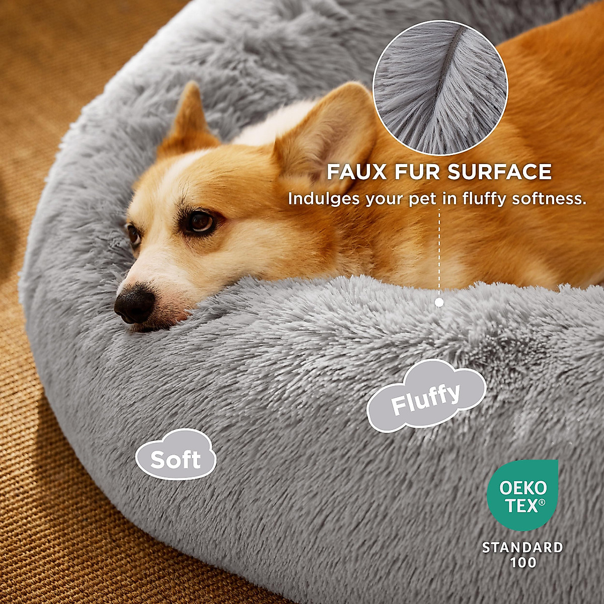 Bedsure Calming Dog Bed for Medium Dogs - Donut Washable Medium Pet Bed, 30 inches Anti-Slip Round Fluffy Plush Faux Fur Cat Bed, Fits up to 45 lbs Pets, Pale Grey