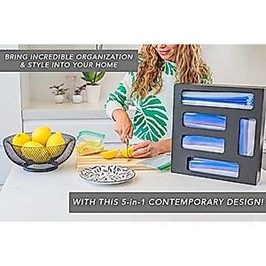 Sloane Harlow Bamboo Ziplock Bag Storage Organizer - 5-in-1 Baggie Organizer, Laser Engraved Ziplock Bag Organizer with extra Storage Slot, Ziplock Storage Bag Holder for Kitchen organization-Black