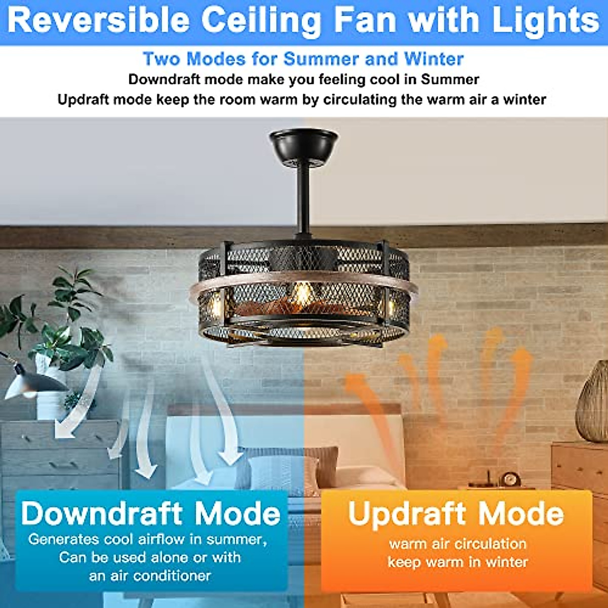 cifyses Ceiling Fan with Lights,19'' Farmhouse Ceiling Fans with Lights and Remote, Reversible Indoor Outdoor Ceiling Fan with Light Flush Mount Ceiling Fan with Lights Caged (No Bulbs