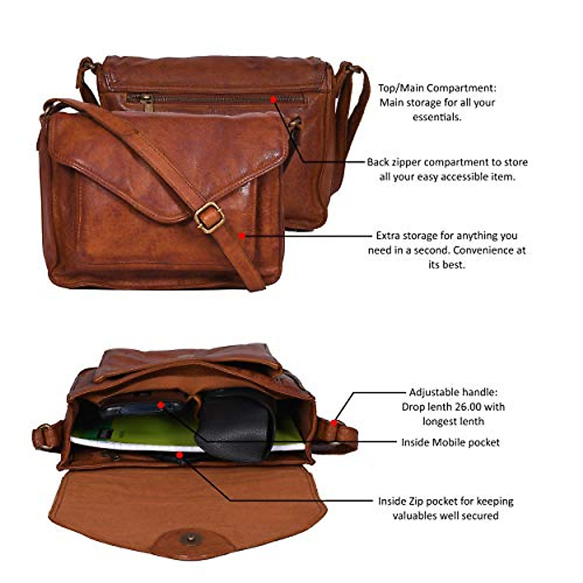 Genuine Leather Classic Flapover Crossbody Purse for Women Small Cute Tote/Bag (Tan Wash)