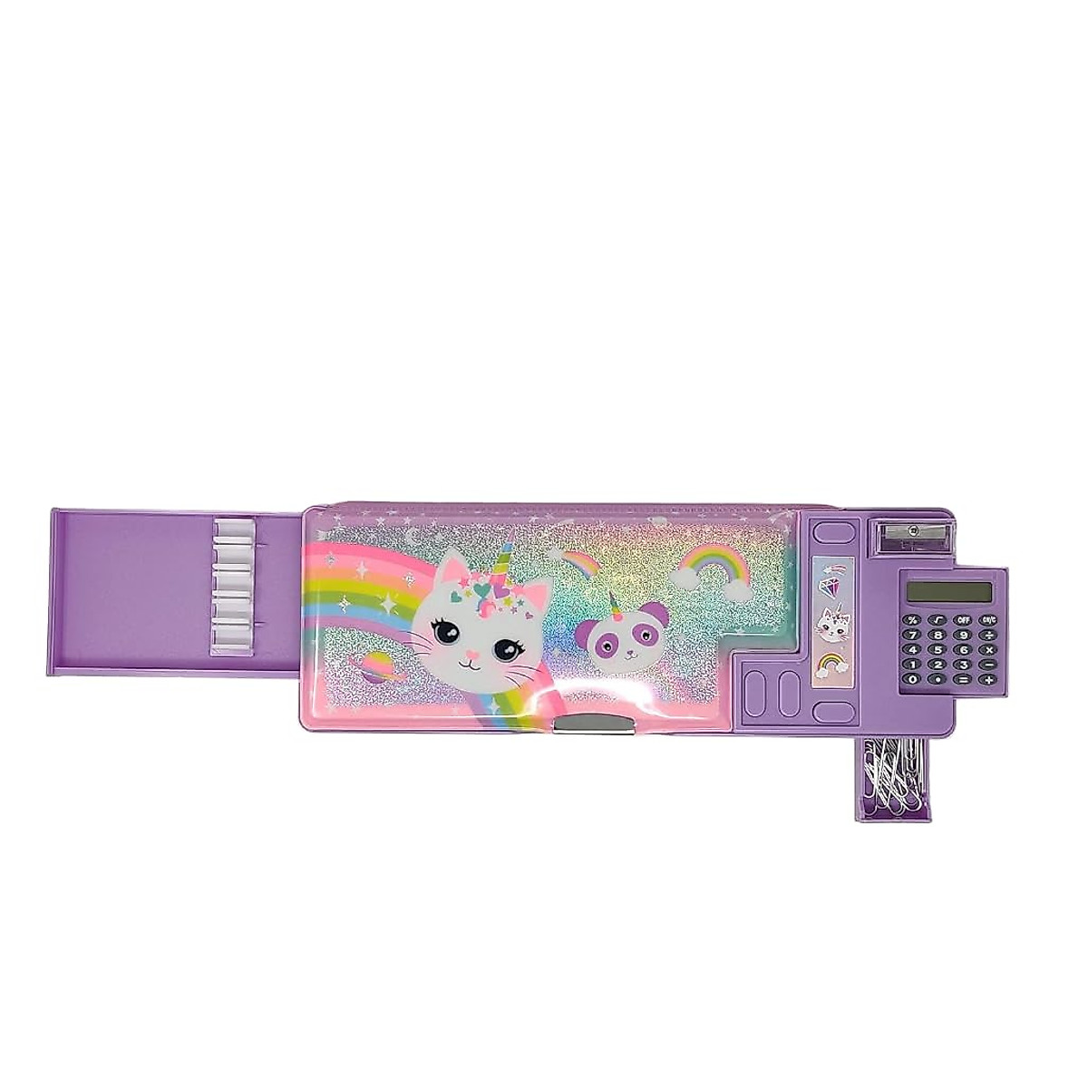 Hot Focus Caticorn Multifunction Pencil Case, Pencil Box with 2 Compartments for Girls. A Unique Stationery Set with Pop Out Calculator and Pencil Sharpener. Best Back to School Gift Set for Girls