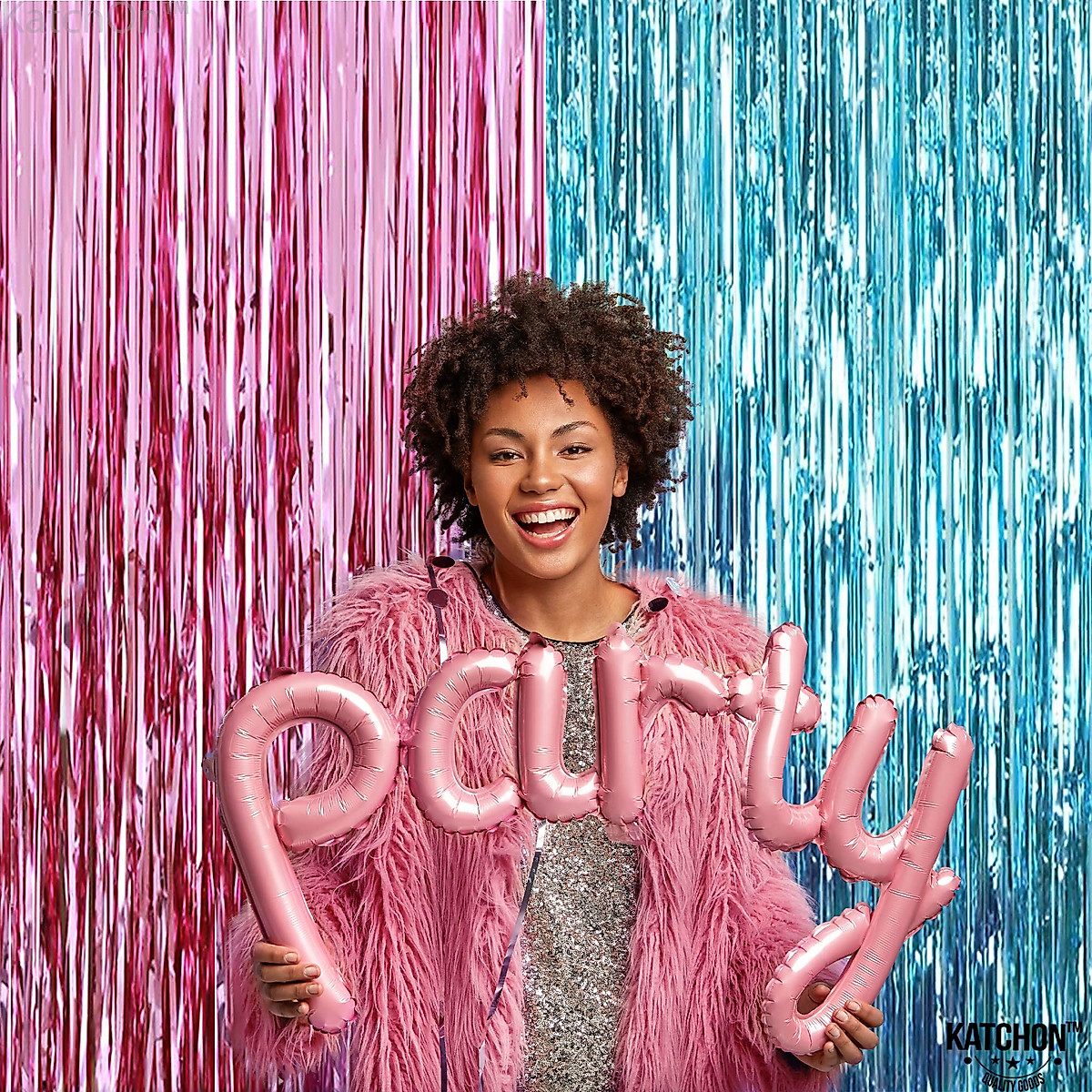 KatchOn, Large Pink and Blue Foil Fringe - 6.4x8 Feet, Pack of 2 | Girl or Boy Gender Reveal Decorations | Pink and Blue Fringe, Boy or Girl Backdrop | Gender Reveal Backdrop for Gender Reveal D√©cor