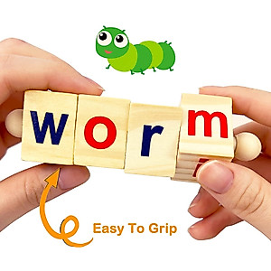 Celarlo Wooden Reading Blocks Spelling Games, Flash Cards Turning Rotating Letter Puzzle for Kids, Sight Words Montessori Spinning Alphabet Learning Toy for Boys Preschool