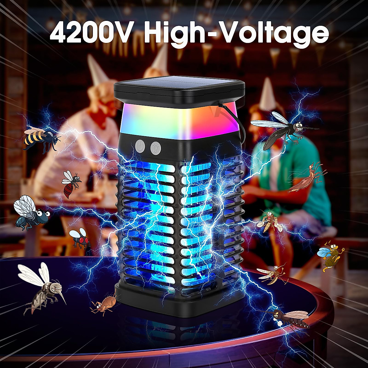 Portable Fly Trap for Indoor & Outdoor, Handheld Outdoor Bug Zapper - 4200V High-Voltage Electric Mosquito Killer with UV Light, IP68 Waterproof, USB-C & Solar Charging, 4000mAh Battery