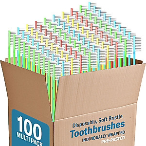Blasting Health Bulk Disposable Soft Bristles Toothbrushes, Individually Wrapped, Assorted Colors, 39 Tufts - 100 Pack (Pre-Pasted)