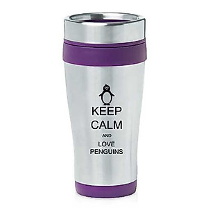 Purple 16oz Insulated Stainless Steel Travel Mug Z447 Keep Calm and Love Penguins