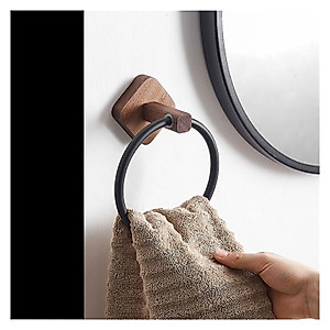 JiNks Towel Rack Aluminum+Wood Towel Ring, Hand Towel Holder for Bathroom, Towel Rack Hanger for Kitchen Wall Mount Heavy Duty Storage (Color : Black)