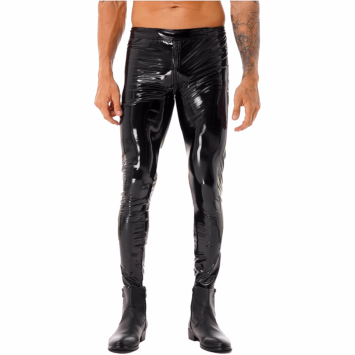 Lorilida Men's Wet Look Faux Leather Muscle Tights Skinny Pants Night Club Leggings Long Trousers Zipper Black Large