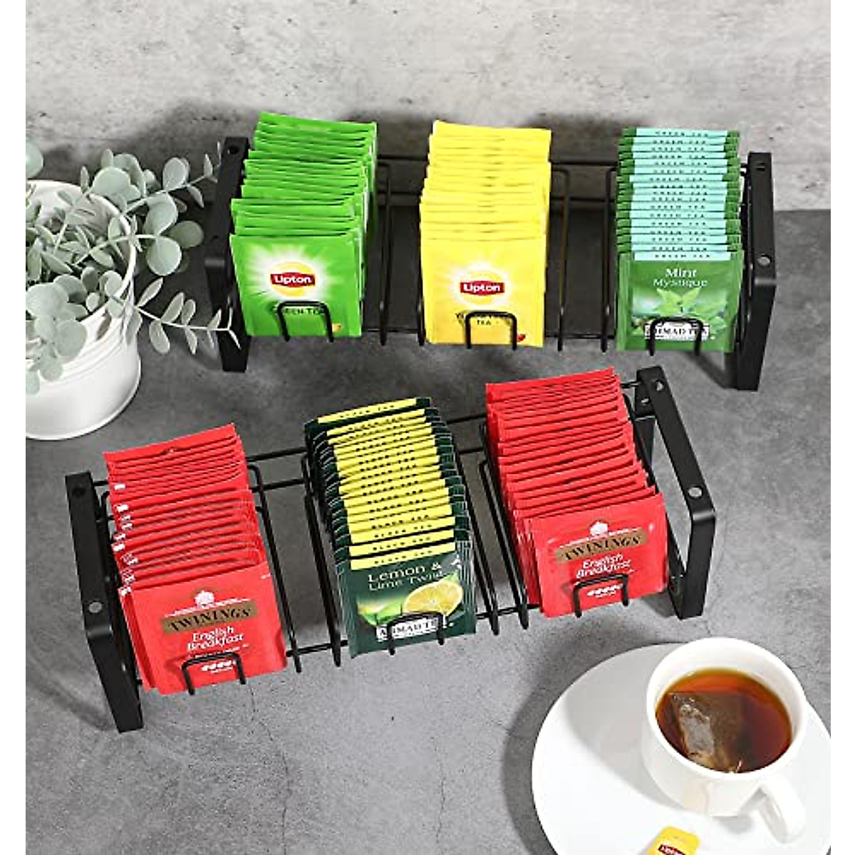 Koluti Tea Bag Holder Organizer 2 Tier, Stackable Wall-mounted Tea Storage Cabinet Stand with Removable Tray Basket, Coffee and Sugar Packet Rack for Counter, Holds 120 Tea Bags, Matte Black Metal