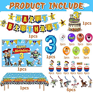 Toy Inspired Story Birthday Decorations For 3 Year Old,Include Happy Birthday Banner,Balloons,Backdrop,Tablecloth Cake Topper For 3rd Birthday Decorations for Boys.