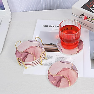 Warmroom Absorbent Pink Marble Ceramic Coasters for Drinks with Gold Holder and Cork Base Set of 6 Round Decorative Tabletop Protection for Coffee Table Bar Kitchen Home and Dining Room