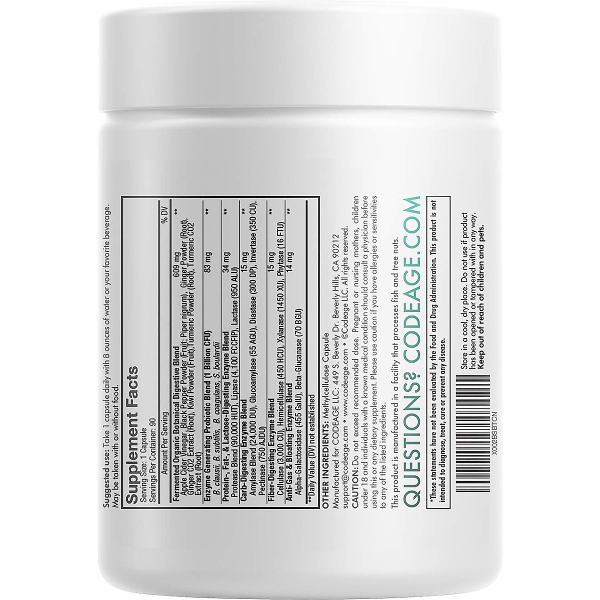 Codeage Digestive Enzymes Supplement, 3-Month Supply, Gut Health Probiotics, Prebiotics, Fermented Multi Enzymes, Plant-Based Superfood, One Capsule a Day, Vegan, Non-GMO, 90 Capsules