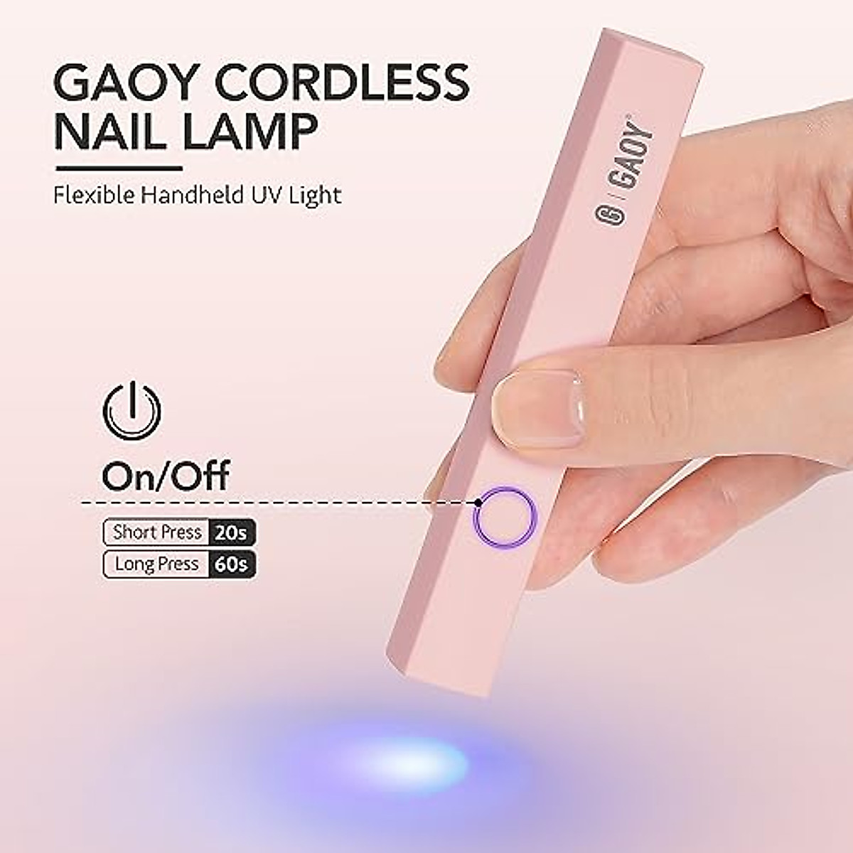 GAOY Handheld UV Light for Gel Nails, Mini Nail Light, Portable LED Nail Lamp, Cordless Rechargeable USB Nail Dryer for Fast Curing, Pink