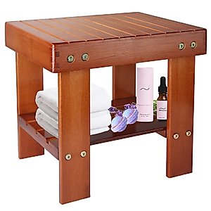 Bamboo Shower Bench Spa Stool 14 Inch Waterproof Shower Benches for Inside Shower with Storage Shelf, Small Wooden Seat Stool for Kids, Bathroom, Bedroom Kitchen Mudroom Foyer Entryway Shoe Bench