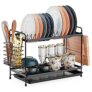 GSlife Dish Drying Rack for Kitchen 2 Tier Small Dish Rack with Drainboard Rust-Resistant Compact Dish Drainer with Utensil Holder Cutting Board Holder for Kitchen Counter, Black