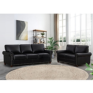JEEOHEY Faux Leather Sofa Couch,82" Mid Century Modern Couch with Storage Place,Oversized 3 Seater Sofa with Nailhead Trim&Rolled Arm,Deep Seat Comfy Couch for Living Room,Apartment,Office(Black)