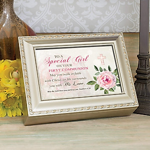 Cottage Garden Special Girl On Your Communion Champagne Goldtone Trim Jewelry Music Box Plays Jesus Loves Me