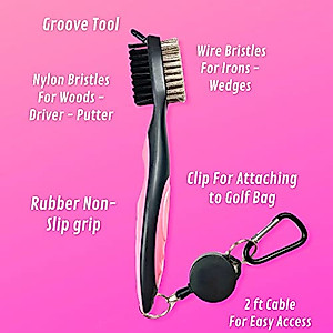 The Golfer's Workshop Golf Club Brush - 2 Ft Retractable Zip-line, Carabiner Clip, Groove Cleaner (Pink)