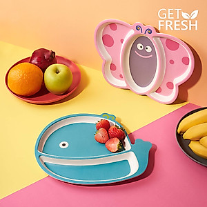 GET FRESH Bamboo Kids Divided Plates – 1pc Butterfly Sectioned Bamboo Fibre Childrens Plates – Cute Animal Bamboo Toddler Divided Plate – Reusable Bamboo Fibre Kids Plates with 3 Compartments