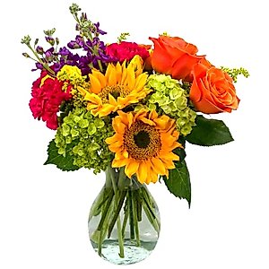 OVERNIGHT DELIVERY | Hugs and Kisses Flowers with Vase, Yellow, Orange and Green | Arabella Bouquets Fresh Cut Flowers