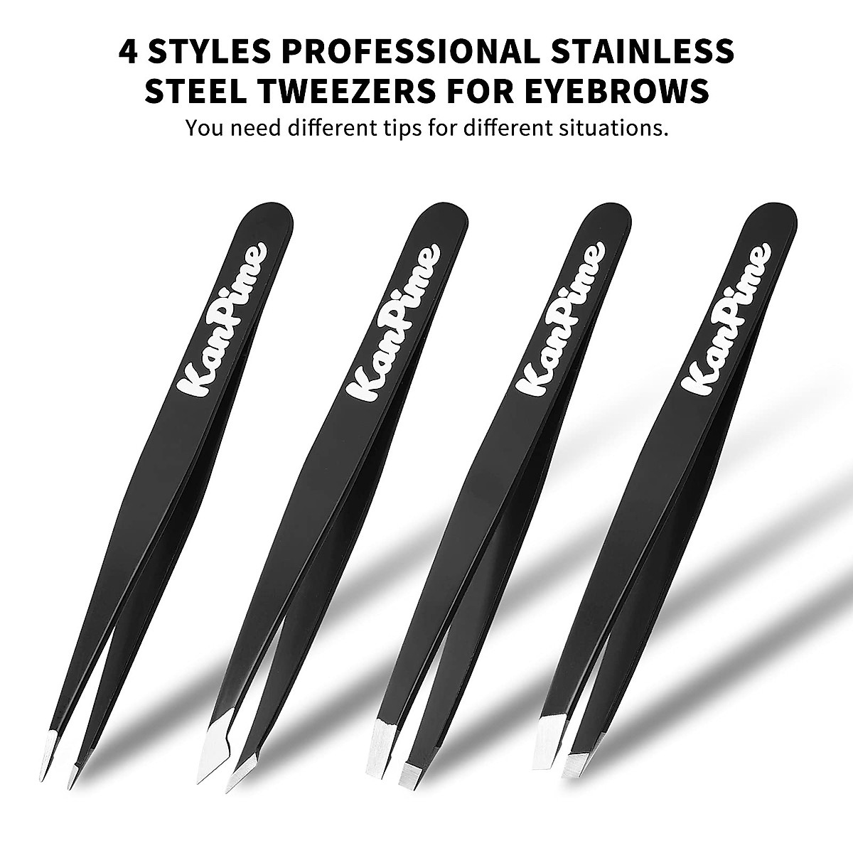 Tweezers Set - KanPime Professional Stainless Steel Tweezers with Storage Case for Eyebrows, Precision Tweezers Kit for Facial Hair, Splinter and Ingrown Hair Removal (Black)