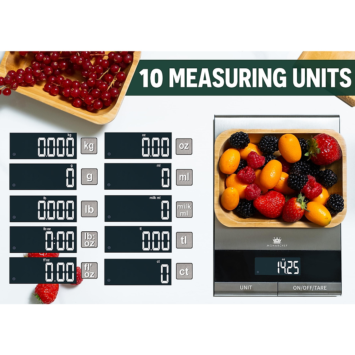 Monarchef Digital Food Scale for Kitchen, Baking, Cooking, and Meal Prep, 10 Unit Measurements, 22 lb Weight Capacity, Stainless Steel Top, Dual Power Option, 15 Features