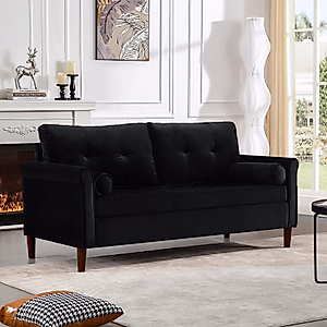 Black Loveseat Sofa, Mid-Century Modern Velvet Small Couch, Comfy Love Seat Sofa, Upholstered Mini Sofa With Back Cushions Rolled Armrest For Living Room, Bedroom, Office Apartment, Small Space