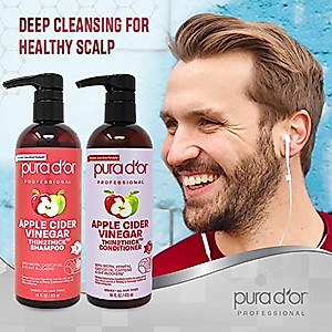 PURA D'OR Apple Cider Vinegar Thin2Thick Set (16oz x 2) ACV Shampoo & Conditioner, Clarifying, Detox - Biotin, Keratin, Caffeine, Castor Oil, Aloe - All Hair Types, Men & Women (Packaging may vary)