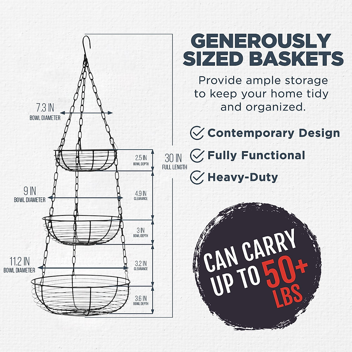 Culinary Couture Hanging Fruit Basket for Kitchen, 3-Tier Heavy-Duty Hanging Wire Baskets for Organizing, Minimalist Fruit Hanging Baskets for Kitchen, Black