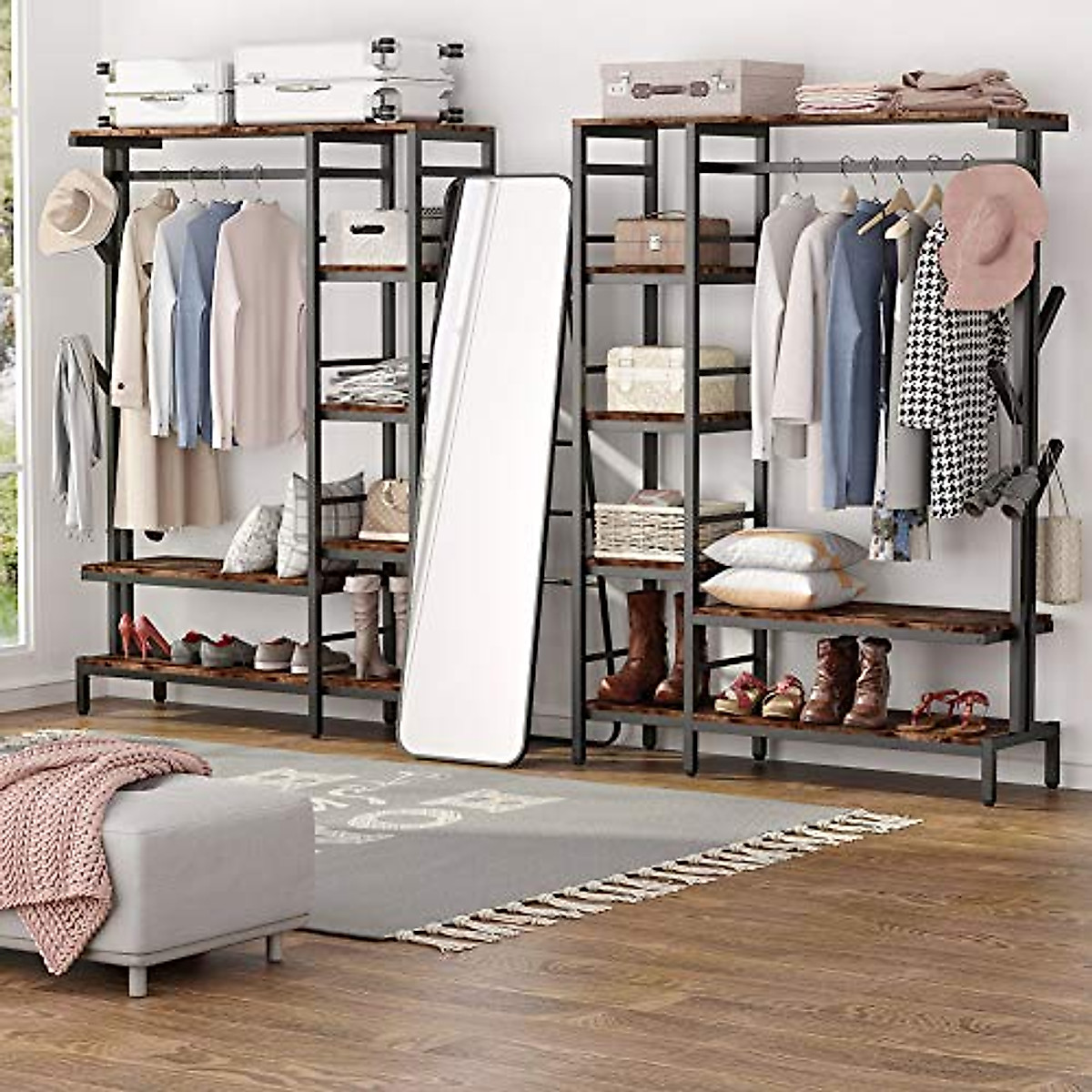 Tribesigns Free-standing Closet Organizer with Hooks, Heavy Duty Clothes Shelf Garment Rack with Shelves and Hanging Rod, Metal Clothing Storage for Bedroom, Capacity 450lb