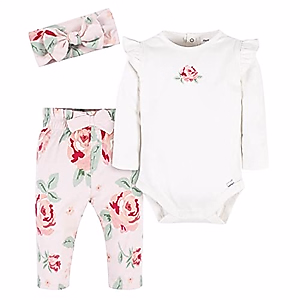 Gerber Baby Girls Long Sleeve Onesies 3-Piece Bodysuit, Pants & Headband Set, Pink Rose, 3-6 Months US
