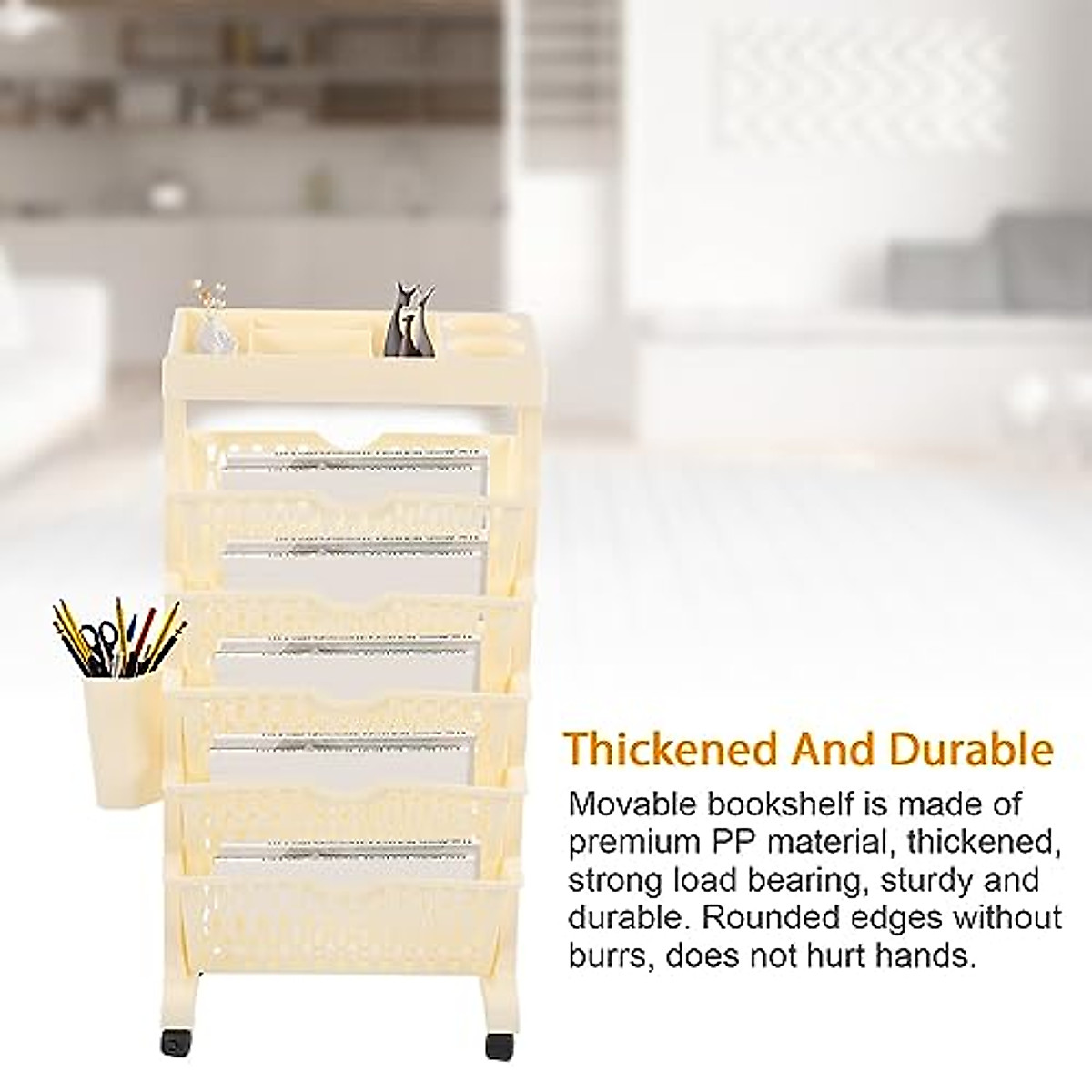 Diydeg 6 Tier Movable Bookshelf Cart, Book Rack Bookcase Book Cart with Wheels and Basket, Utility Organizer Utility Cart Storage Trolley for Office File, Living Room, Home Kitchen